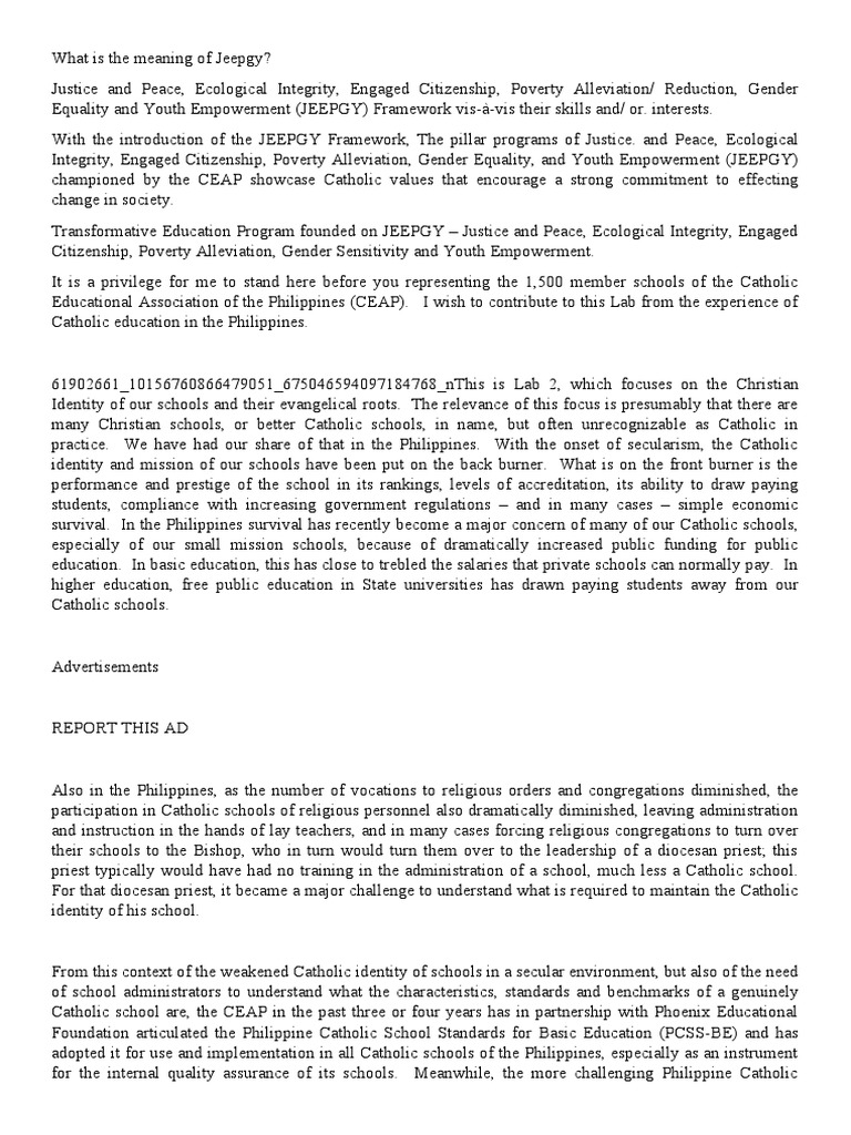 Meaning of JEEPGY Framework Catholic Schools | PDF | Curriculum ...