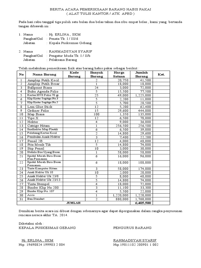 Berita Acara Pemeriksaan ATK 2014 | PDF