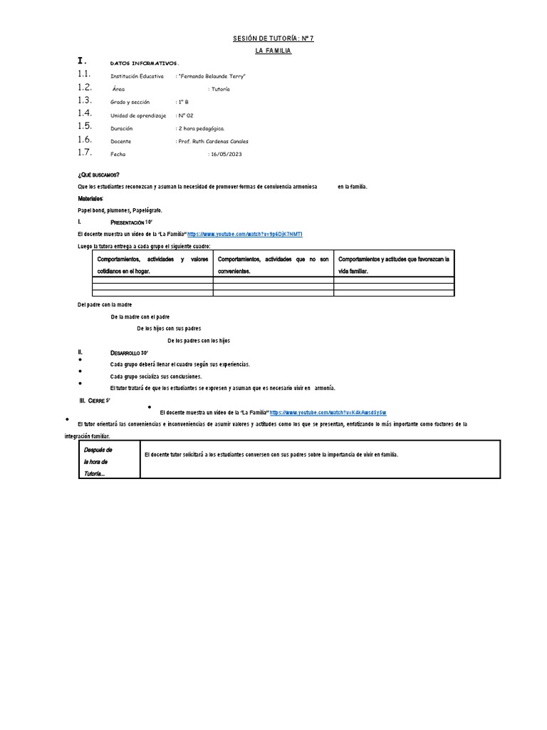 Sesión de Tutoría 7 La Familia | PDF | Aprendizaje | Modificación de comportamiento