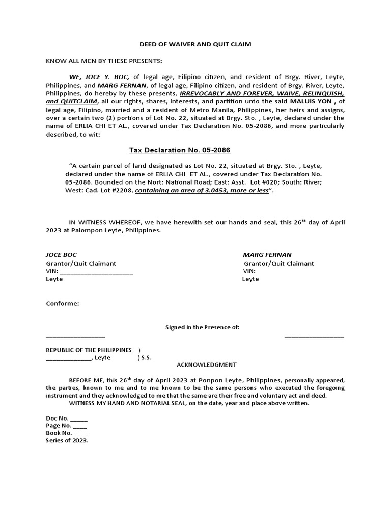 DEED OF WAIVER AND QUIT CLAIM - Sample | PDF