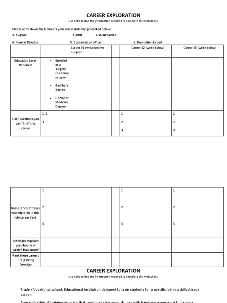 Career Exploration Worksheet - Corrected Fields | PDF | Student ...