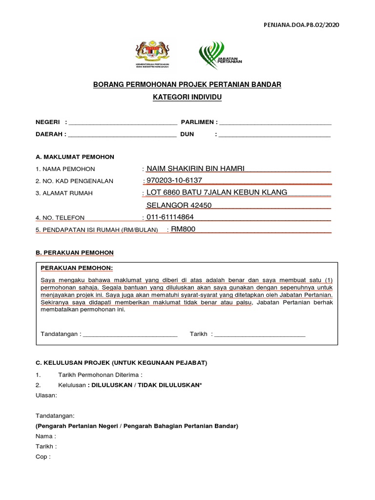Borang Permohonan Projek Pertanian Bandar Individu | PDF