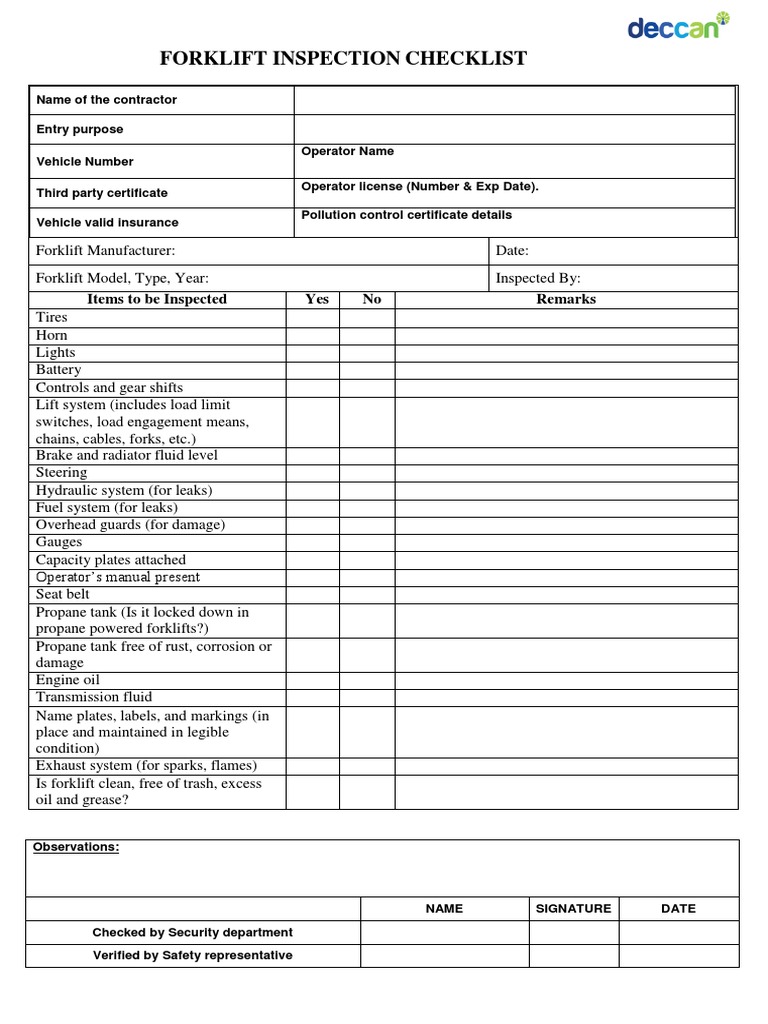 Forklift Inspection Checklist Template | PDF