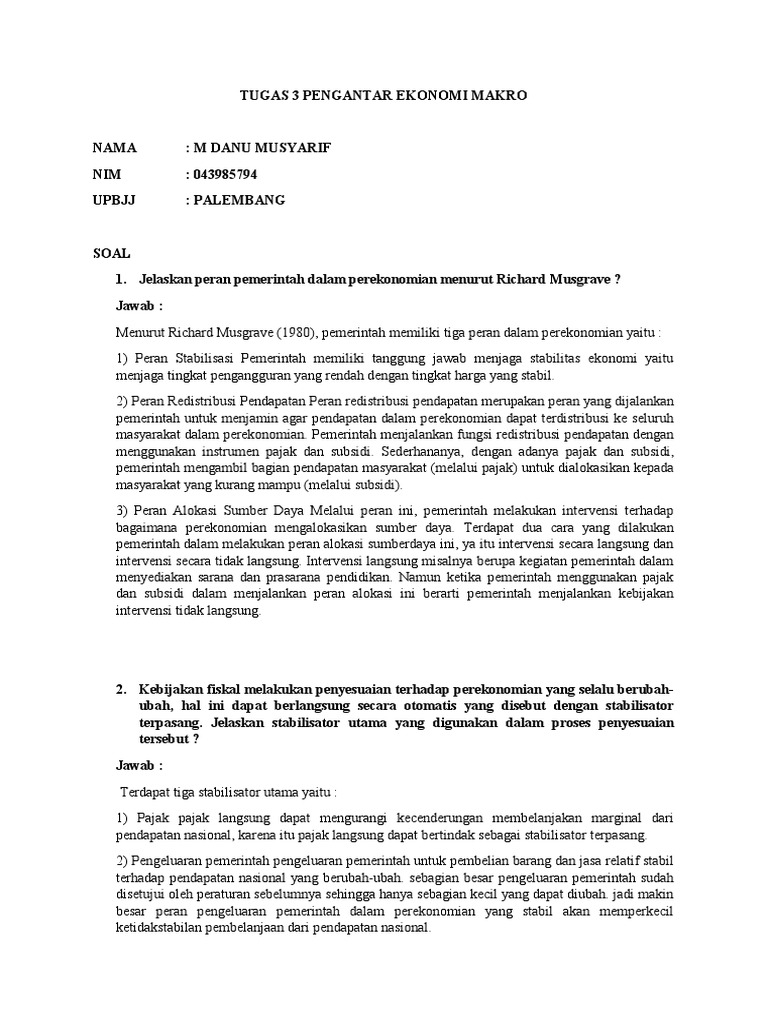 Tugas 3 Pengantar Ekonomi Makro | PDF Tugas 3 Pengantar Ekonomi Makro | PDF