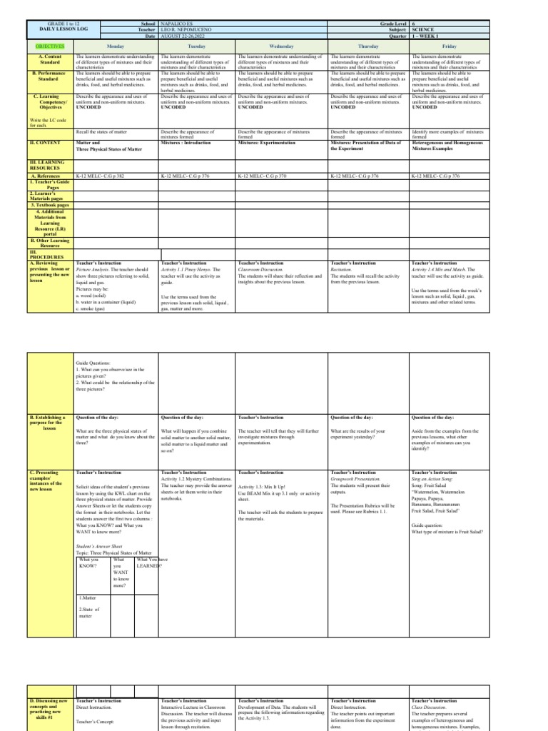 Week1 DLL Science | PDF | Mixture | Teachers