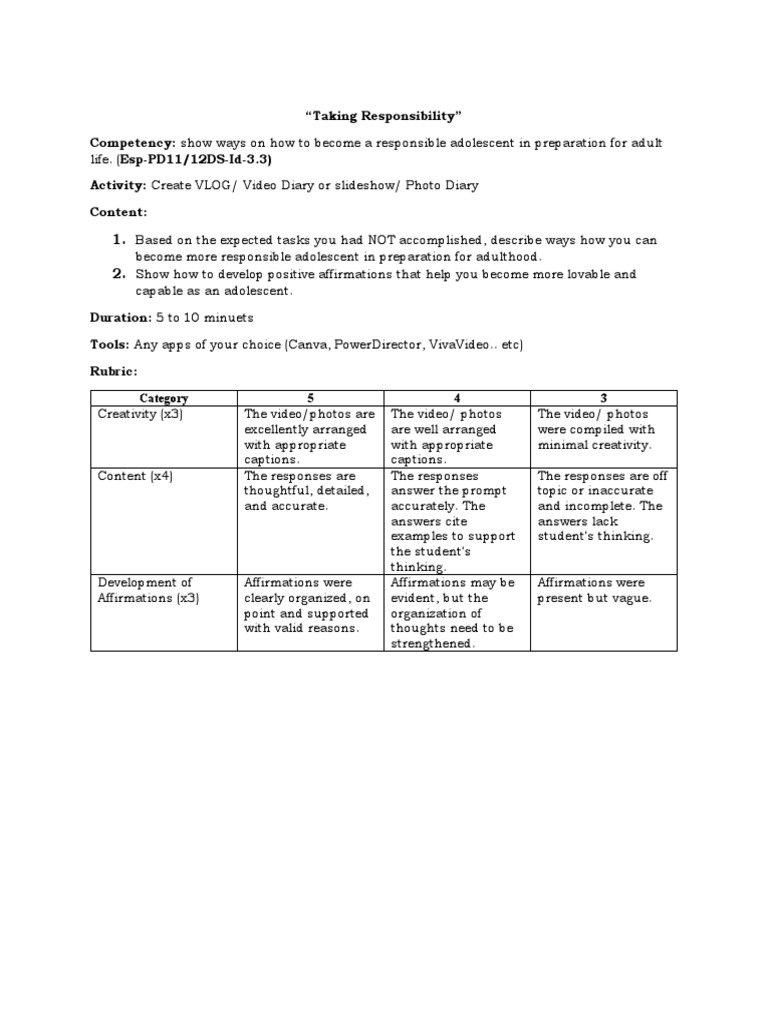 Performance Task Developmental Tasks and Responsibility | PDF