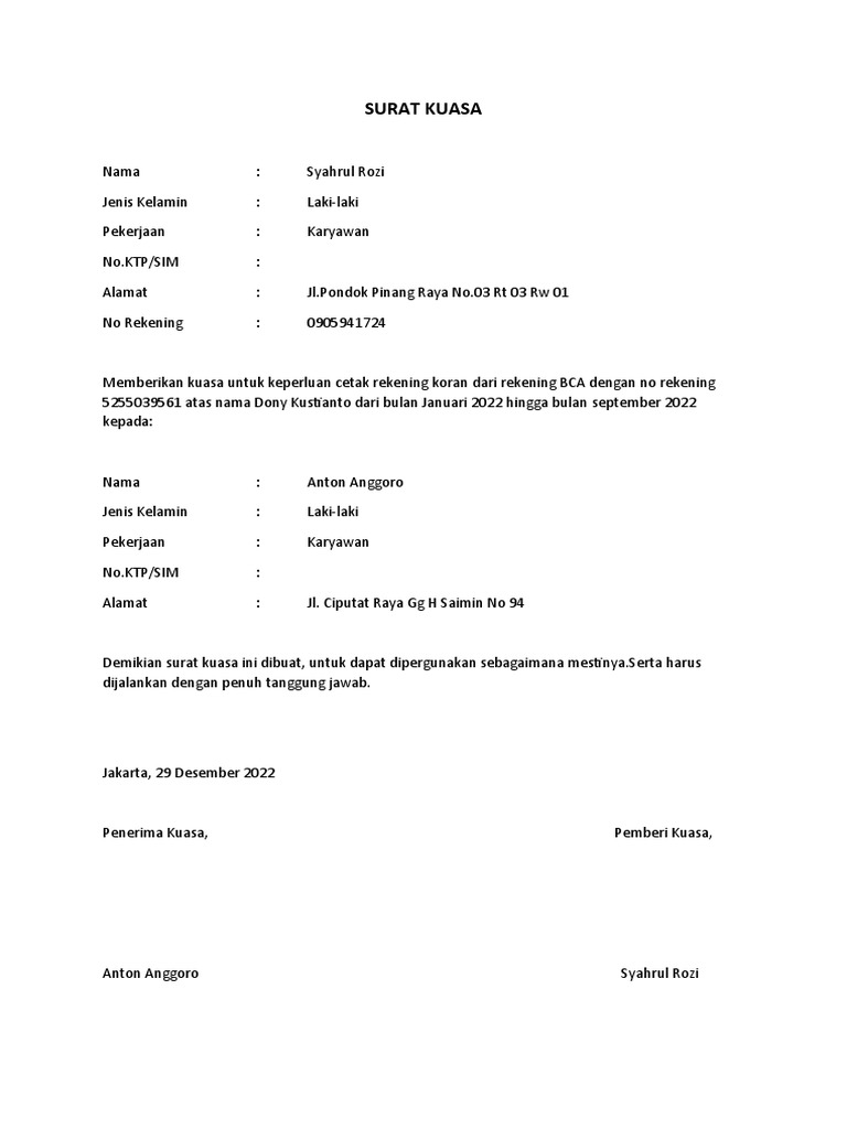 SURAT KUASA Bank | PDF