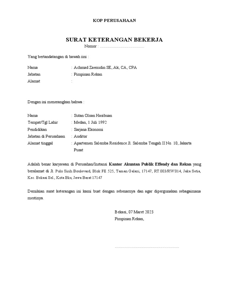 Contoh Surat Keterangan Kerja | PDF
