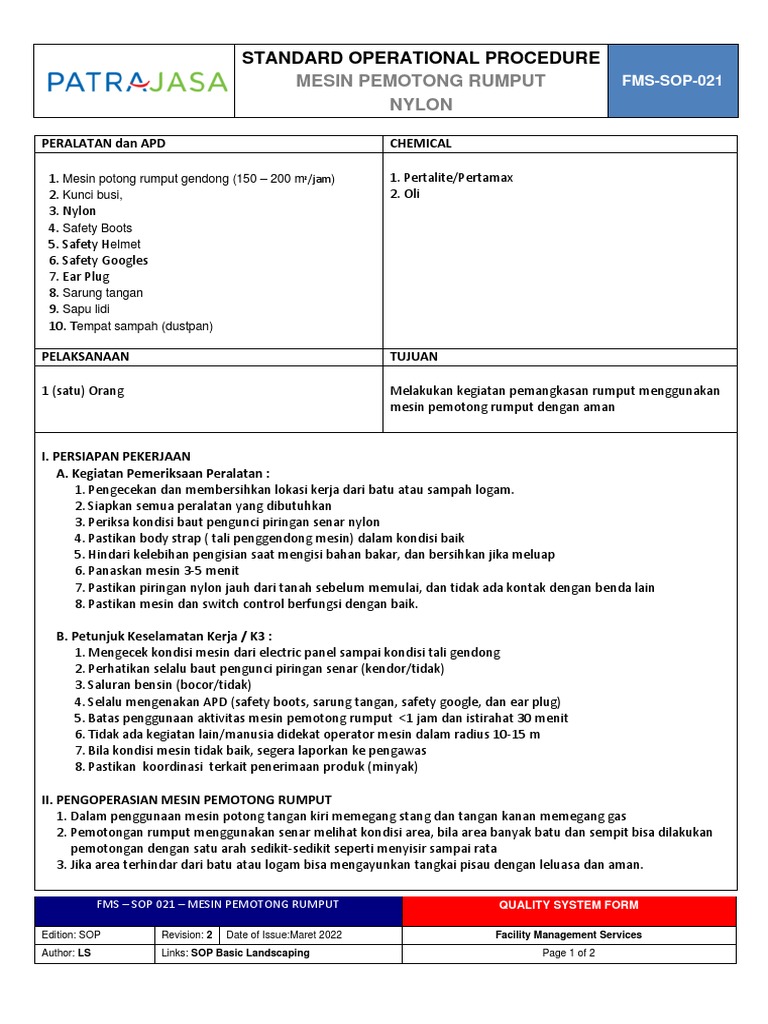 STANDAR OPERATING PROCEDURE FOR LAWN MOWER MACHINE | PDF