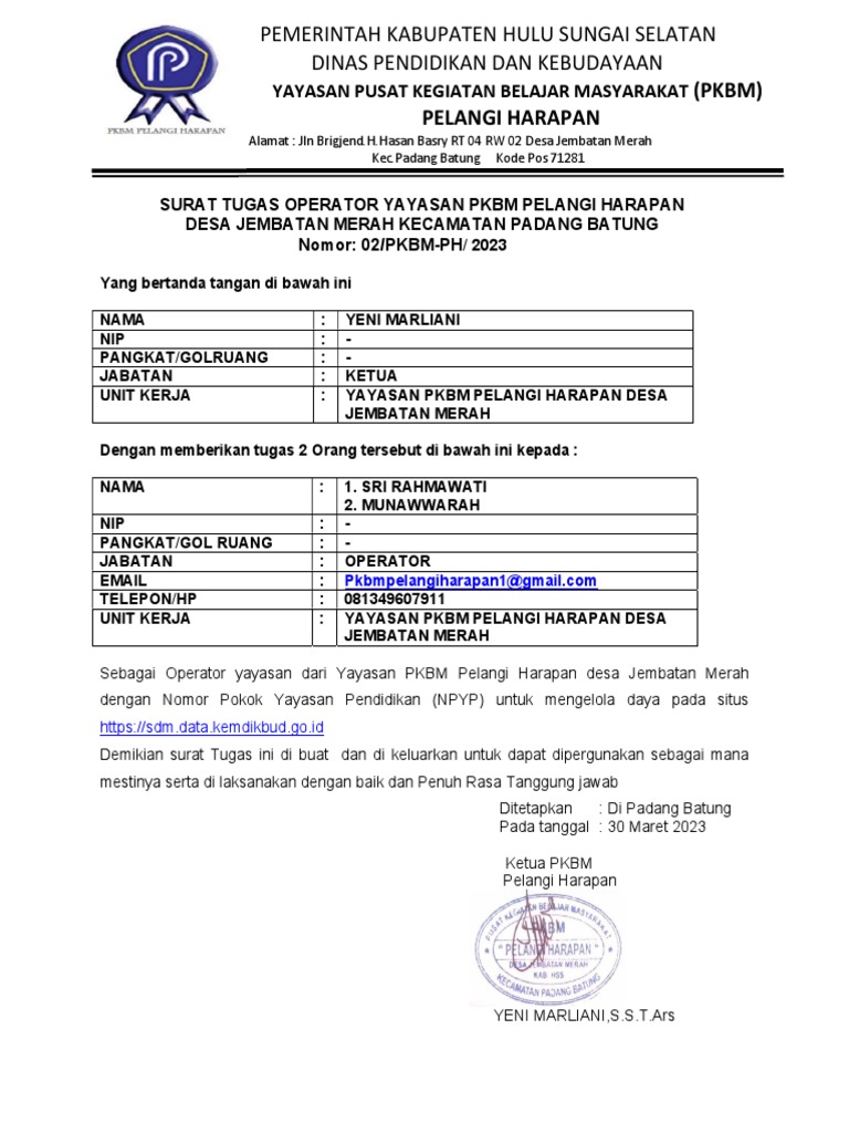 Surat Tugas Operator PKBM Pelangi Harapan Aja | PDF