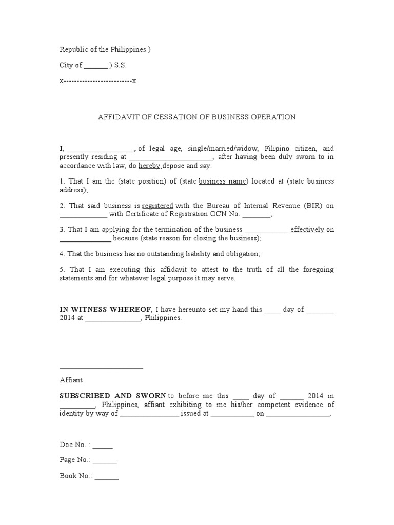 Affidavit of Business Cessation | PDF