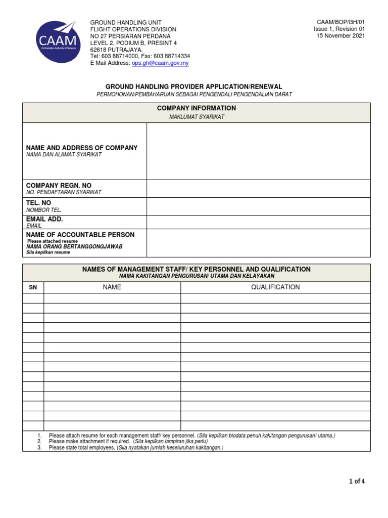 CAAM Ground Handling Application Form | PDF