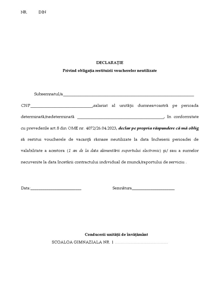 Declaratie Restituire Vouchere Neutilizate | PDF