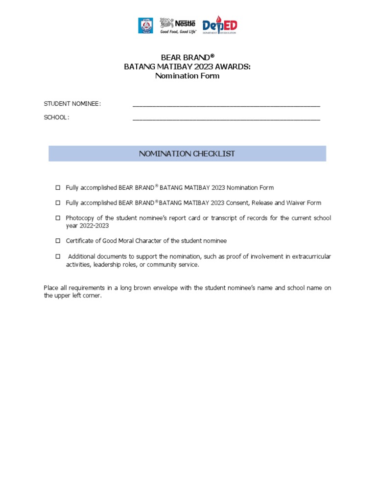 2023 BEAR BRAND Batang Matibay Awards Nomination Form | PDF | Privacy ...