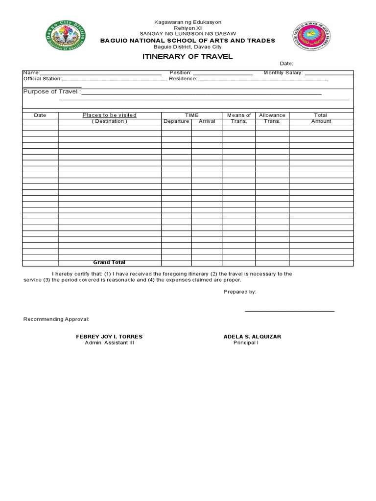 Itinerary Blank Form | PDF