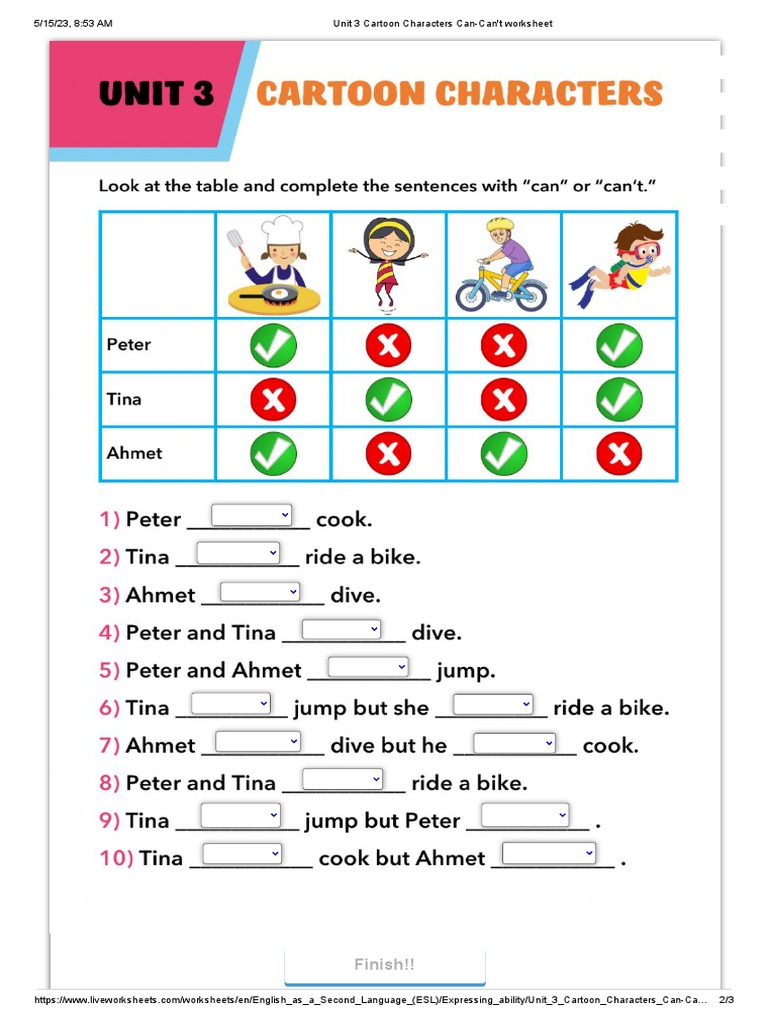 Unit 3 Cartoon Characters Can-Can't Worksheet | PDF