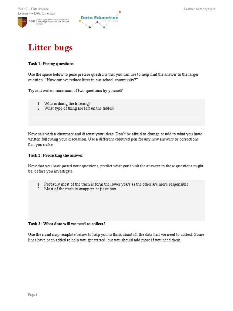 A1 Worksheet - Litter Bugs | PDF