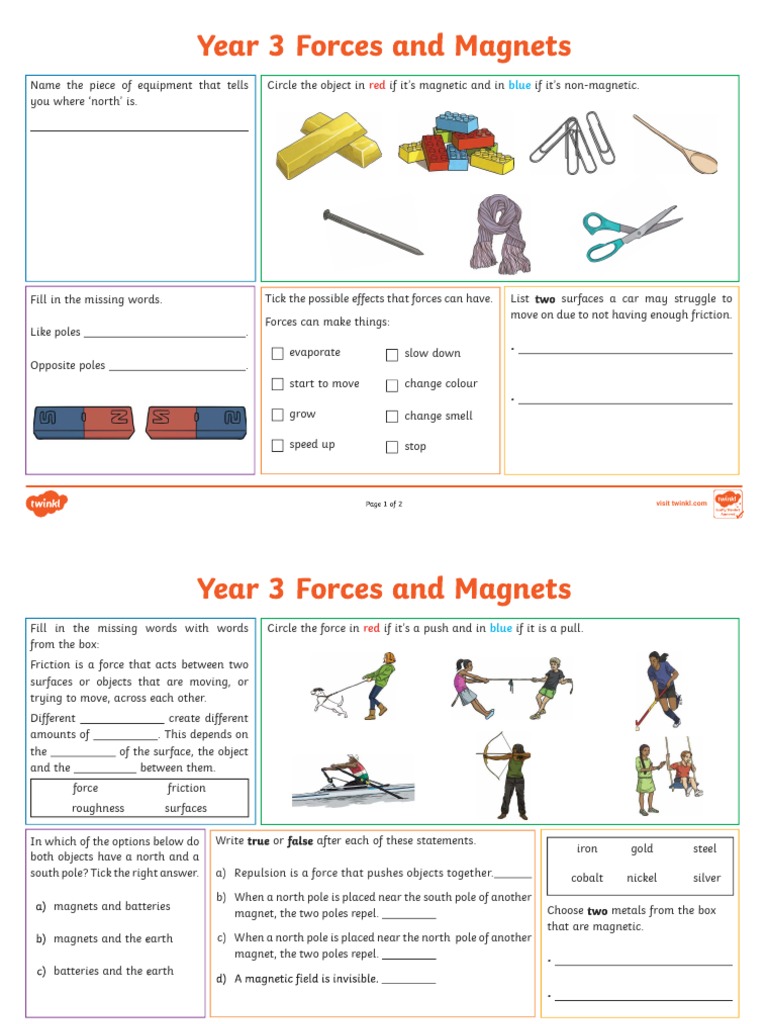 Year 3 Magnetic Forces Worksheet | PDF | Magnet | Force