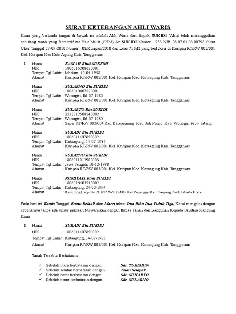 Surat Keterangan Ahli Waris | PDF