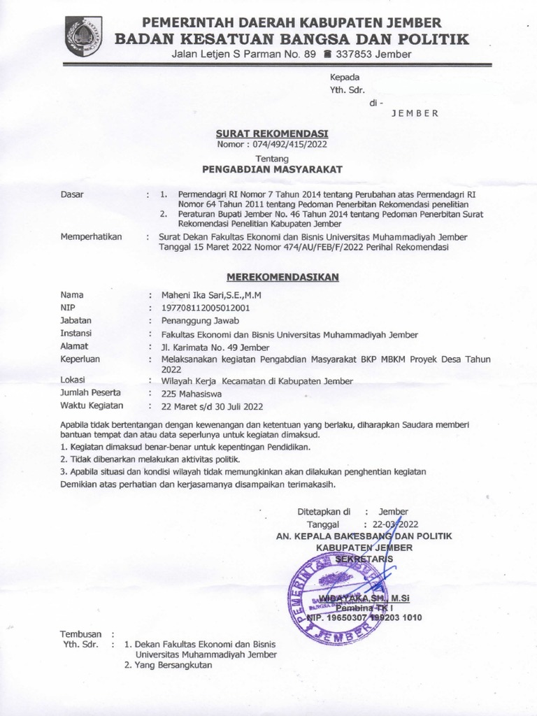 Surat Rekomendasi BKP Proyek Desa (BAKESBANG) | PDF
