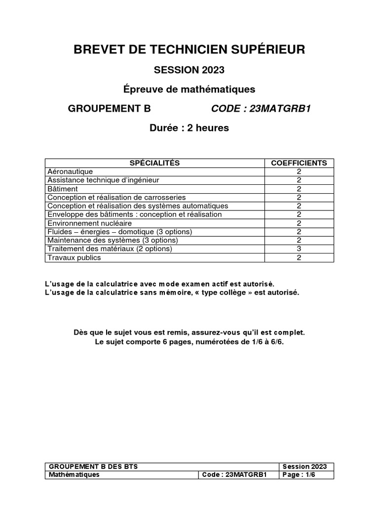 Épreuve de maths BTS 2023 - Groupement B | PDF