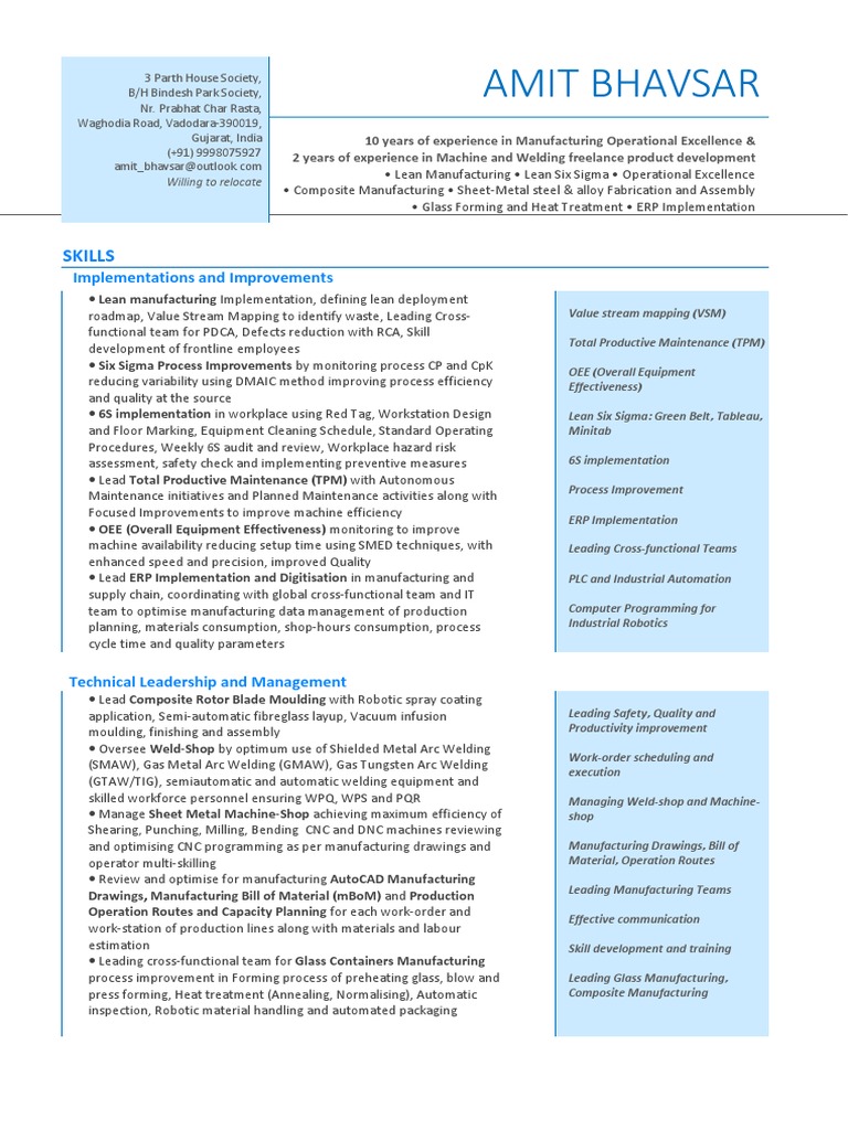 Amit Bhavsar CV | PDF | Lean Manufacturing | Six Sigma