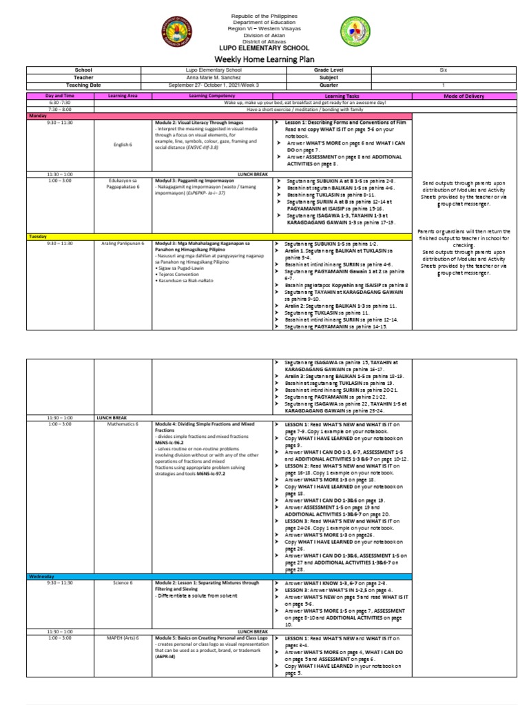 Q1W3 Weekly Home Learning Plan | PDF | Learning | Cognition