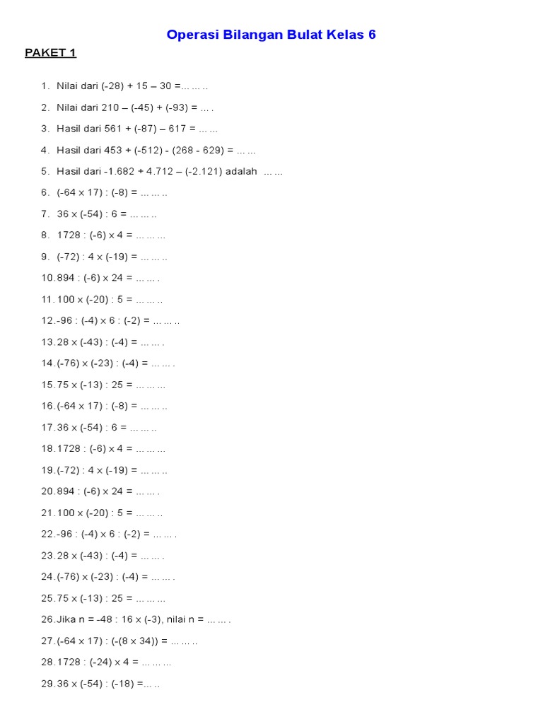 Soal Operasi Bilangan Bulat Kelas 6 | PDF
