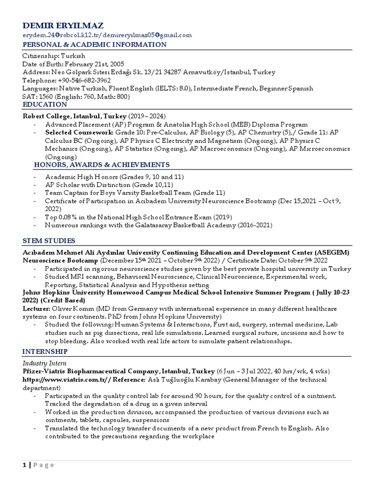 Demir Eryilmaz: Personal & Academic Information | PDF | Advanced Placement | Turkey