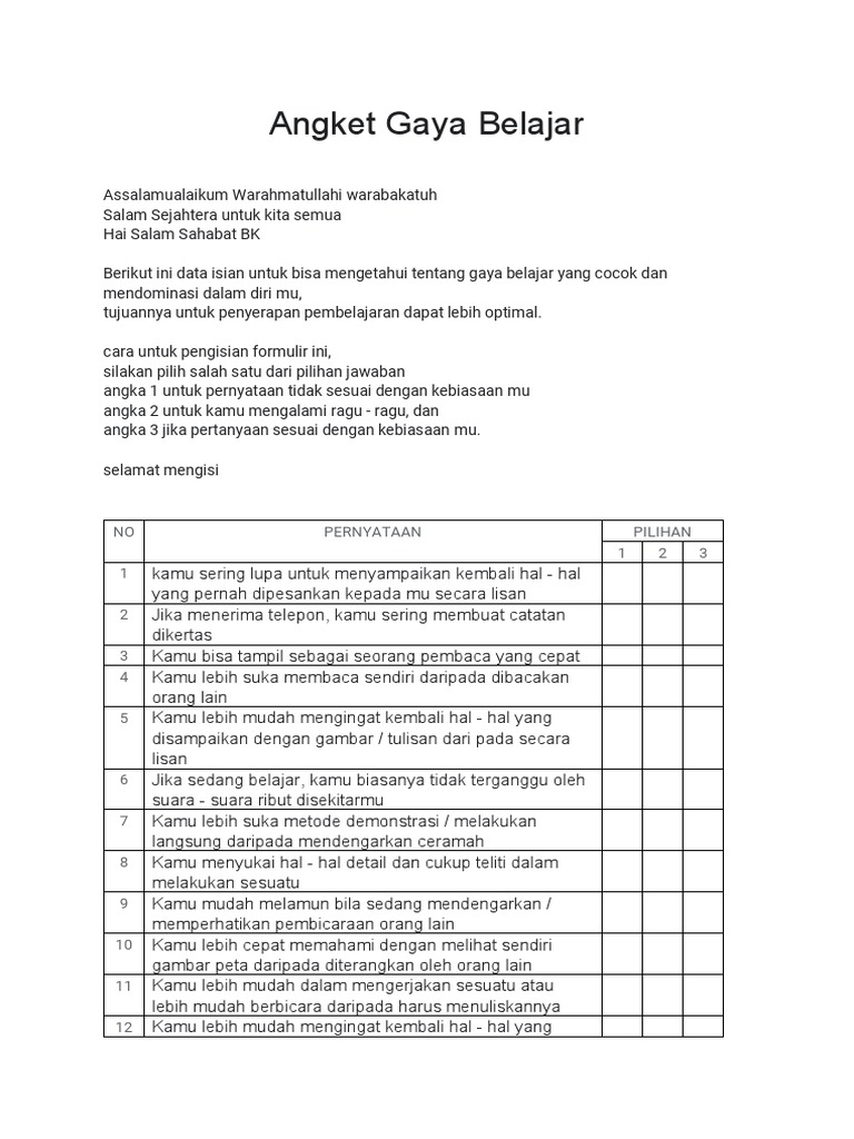 Angket Gaya Belajar jadi acc | PDF