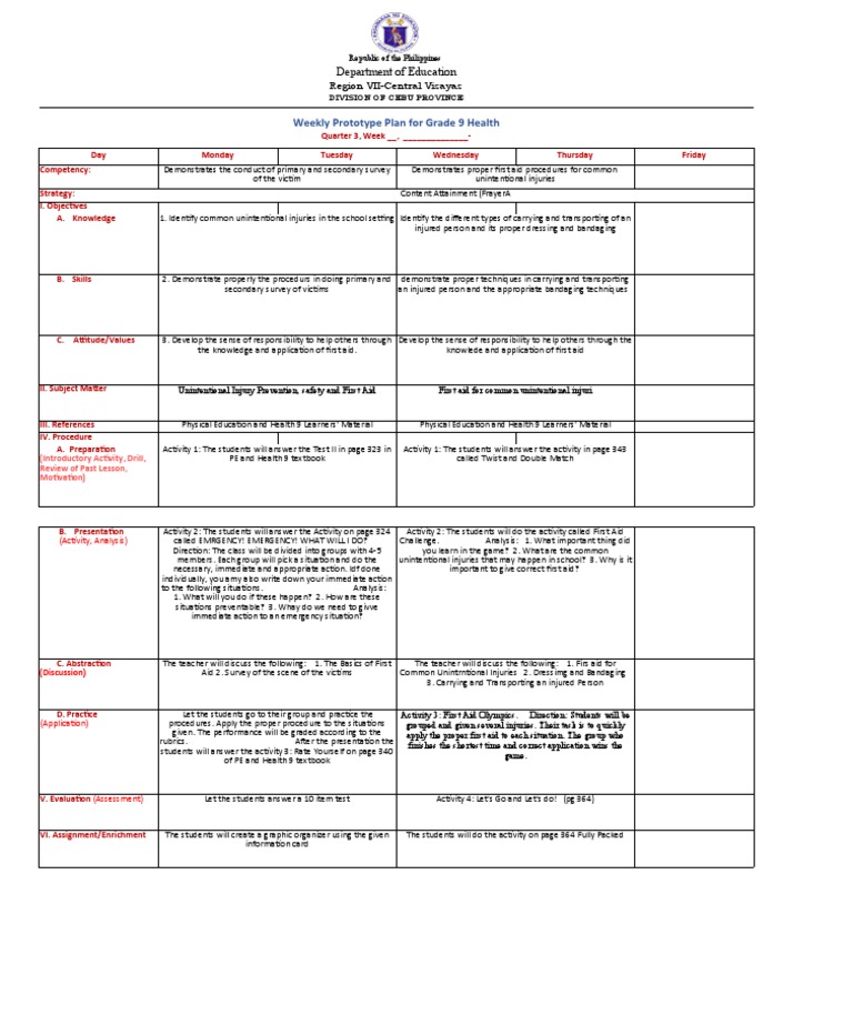 Grade 9 Health Weekly Prototype | PDF | First Aid | Physical Education