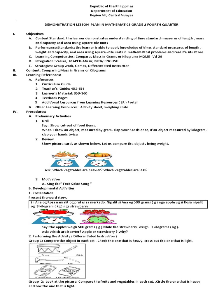 Grade 2 Math Lesson Plan: Comparing Mass | PDF | Kilogram | Weight