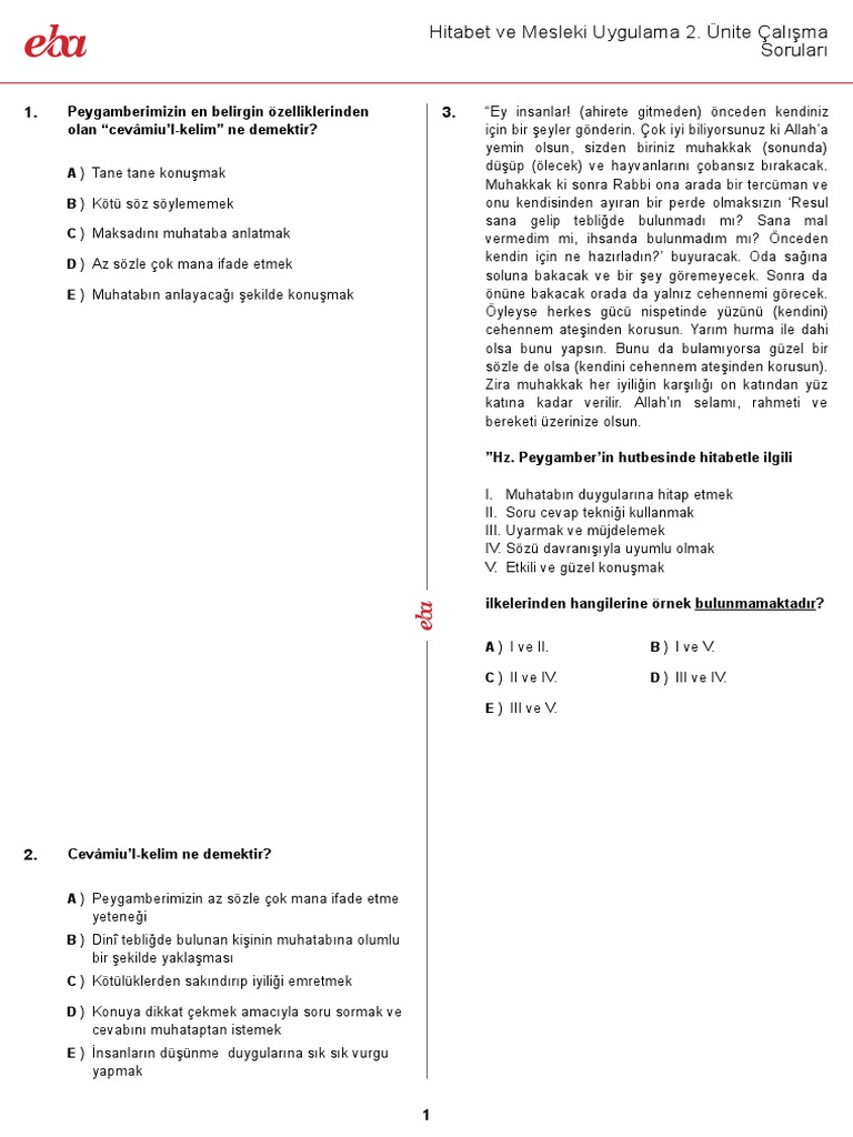 Hitabet Ve Mesleki Uygulama 2. Unite Calisma Sorulari | PDF