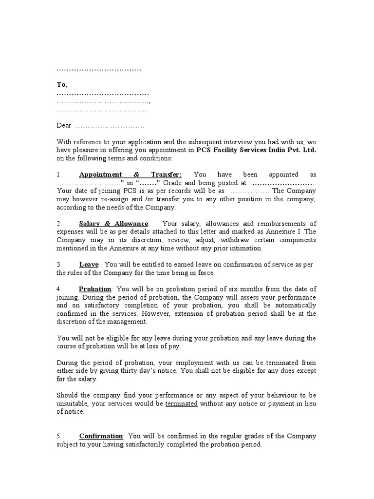Appointment Letter Format - Back Office | PDF