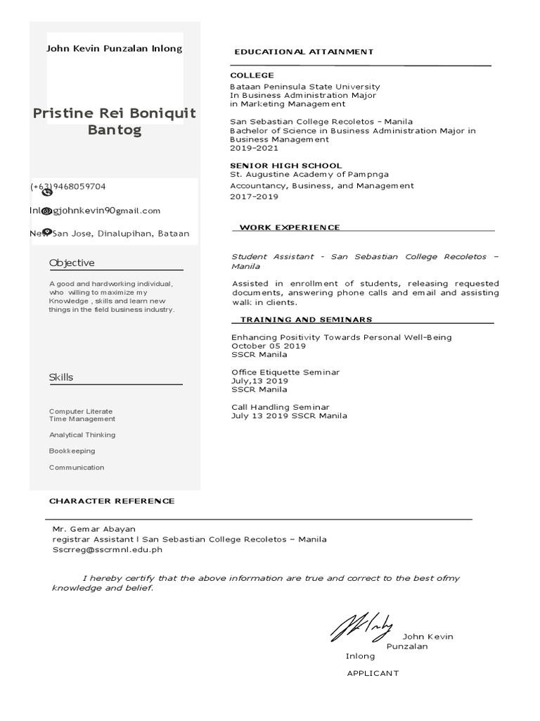 Pristine Rei Boniquit Bantog: John Kevin Punzalan Inlong | PDF