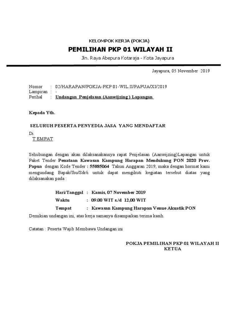 Undangan Aanwijzing Lapangan PON 2020 Papua | PDF