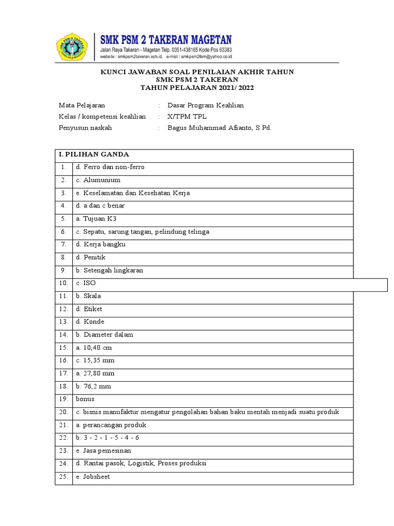 Kunci Jawaban PAS DPK X TPM TPL 2022-2023 | PDF