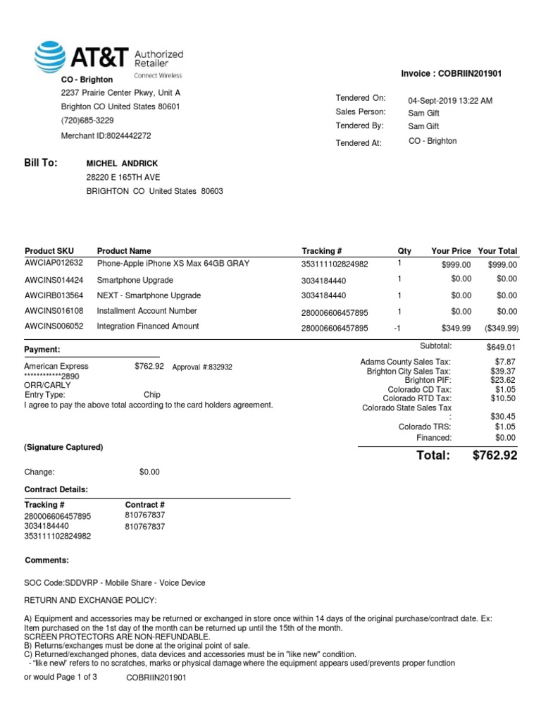 Invoice for the sale of an Apple iPhone XS Max, accessories, and ...