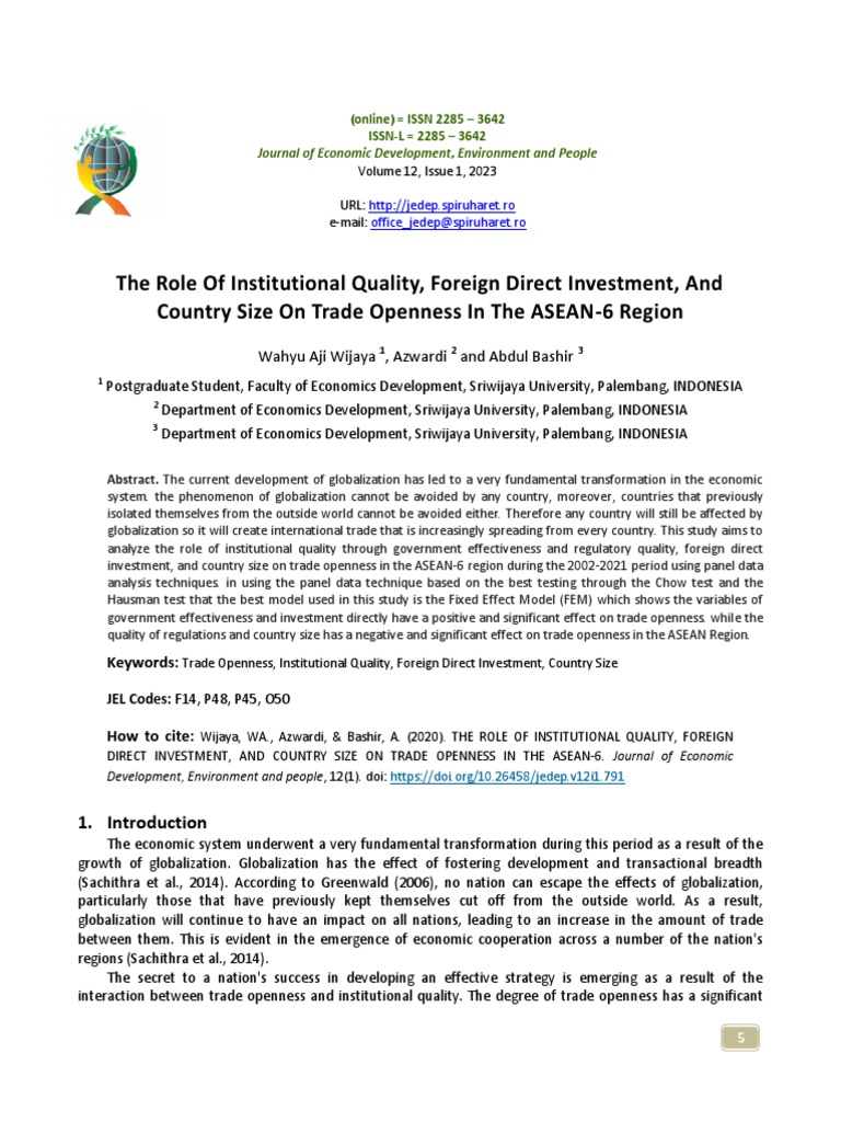 The Role of Institutional Quality, Foreign Direct Investment, and Country Size On Trade Openness ...