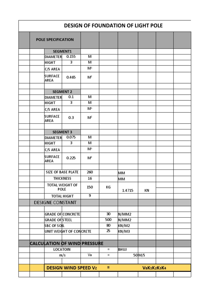 Structure Design of Foundation of Light Pole IS 875 | PDF | Pressure ...