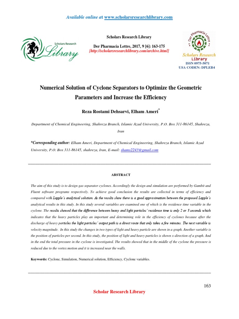 Numerical Solution of Cyclone Separators to Optimize Efficiency | PDF