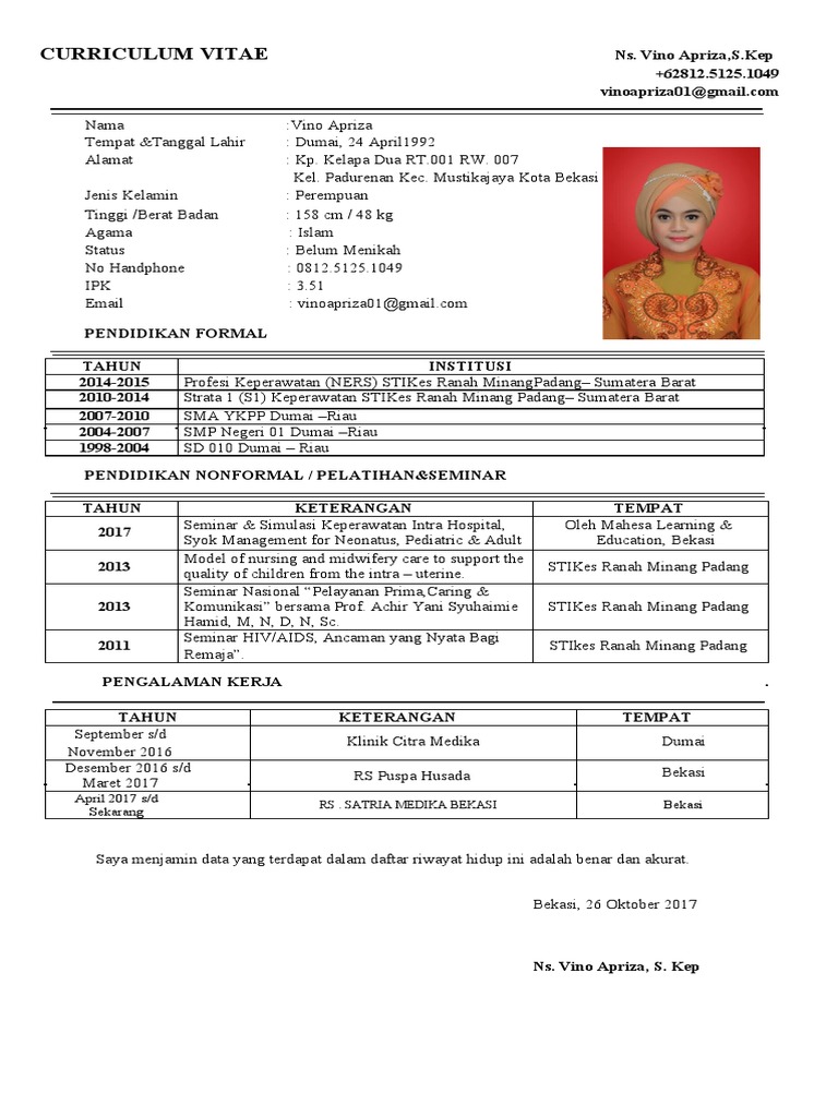 CV Ns. Vino Apriza, S.Kep | PDF