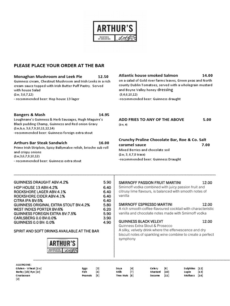 Arthurs Bar Menu September 2022 | PDF | Beer | Drink