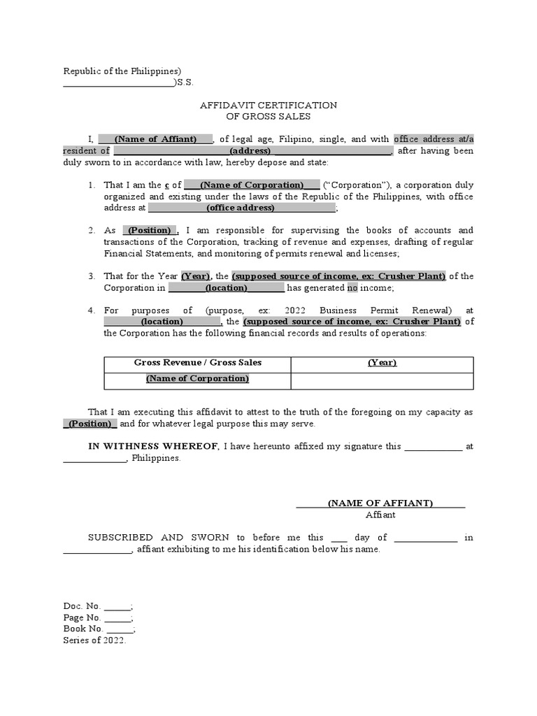 Affidavit Certification of Gross Sales | PDF