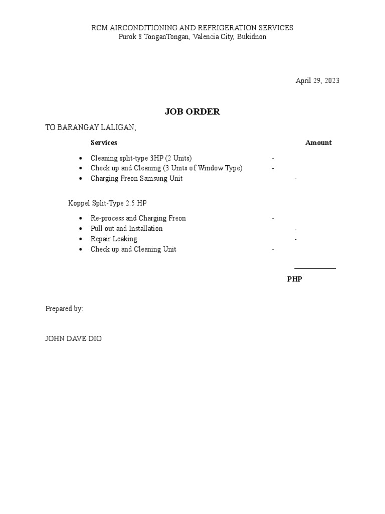 Job Order - Aircon Repair | PDF