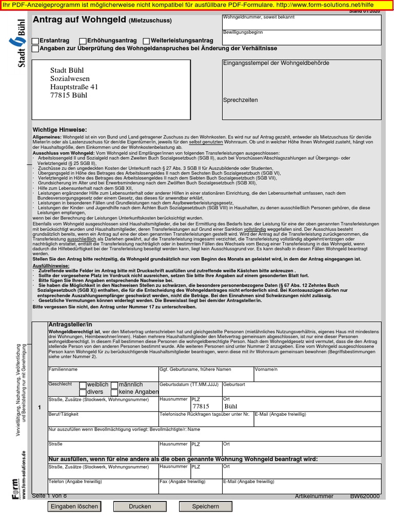 Antrag Wohngeld Mietzuschuss | PDF
