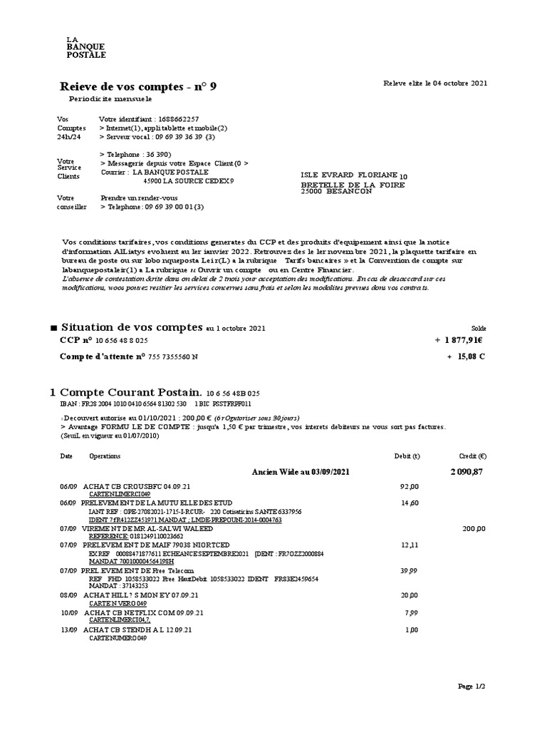 Relevé de Compte Mensuel La Banque Postale | PDF
