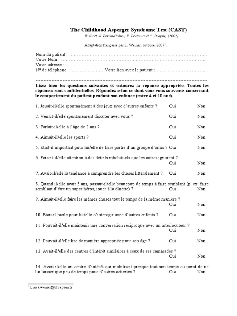 Questionnaire CAST pour l'autisme | PDF