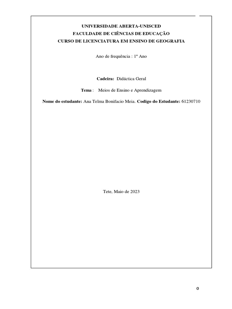 Didáctica Geral-Ana Telma Bonifacio Meia | PDF | Aprendizado | Pedagogia