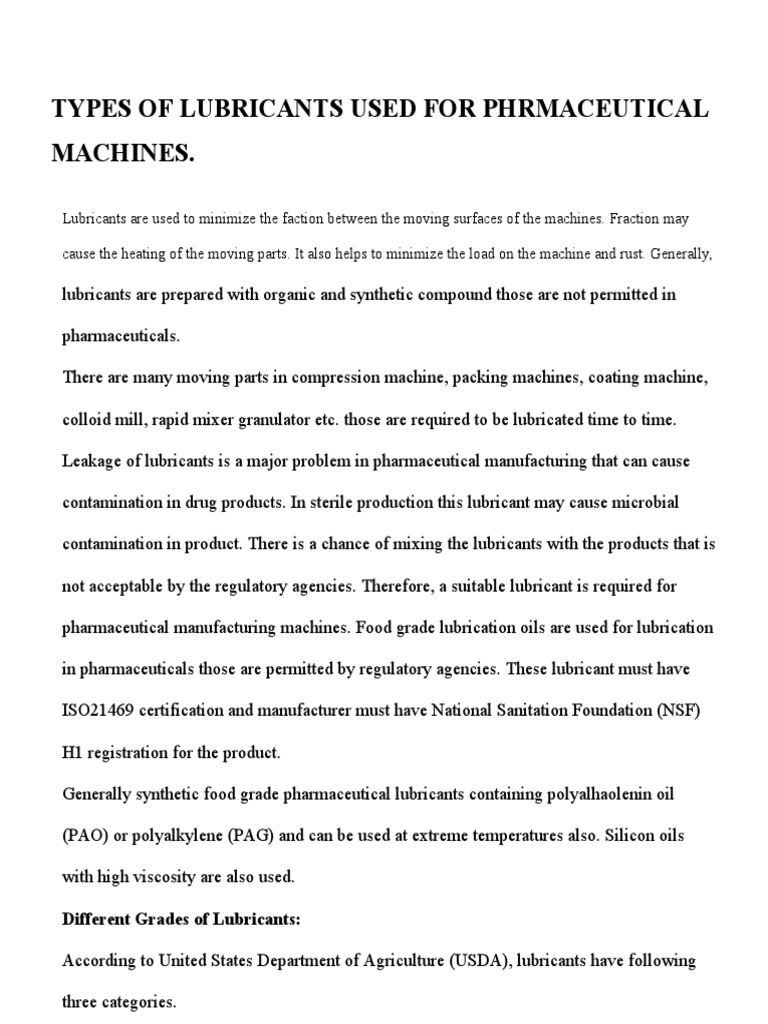 Types of Lubricants Used For Phrmaceutical Machines | PDF | Lubricant | Oil